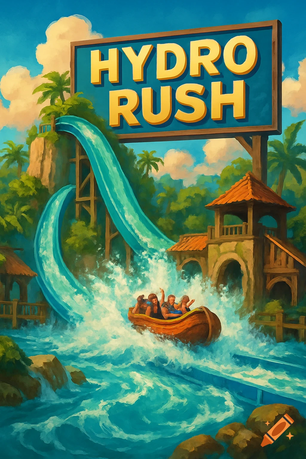 People ride 'Hydro Rush' water slide at a tropical theme park, painting style. on Craiyon