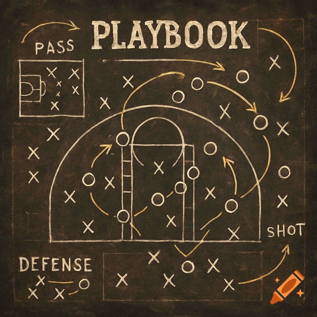 Basketball playbook diagram on a dark background with chalk-like lines ...