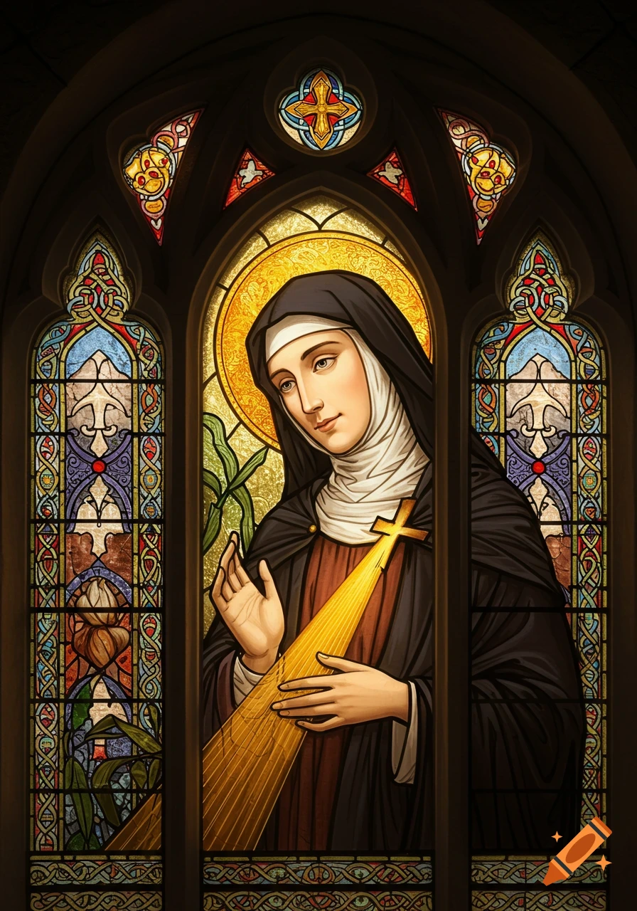 Stained glass portrait of a saint with a halo and cross, within an ...