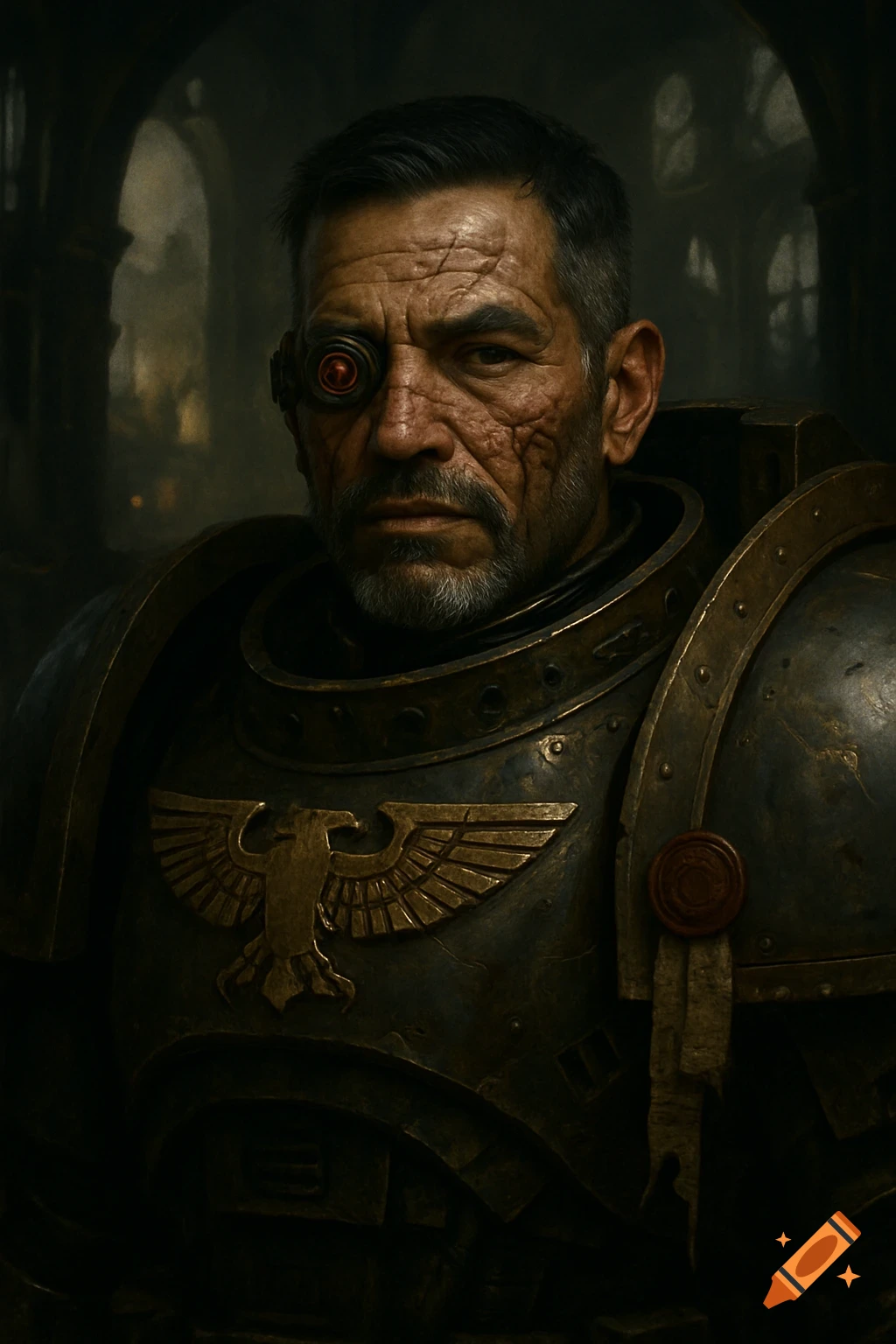 Portrait of a battle-hardened Space Marine Captain with a bionic eye ...