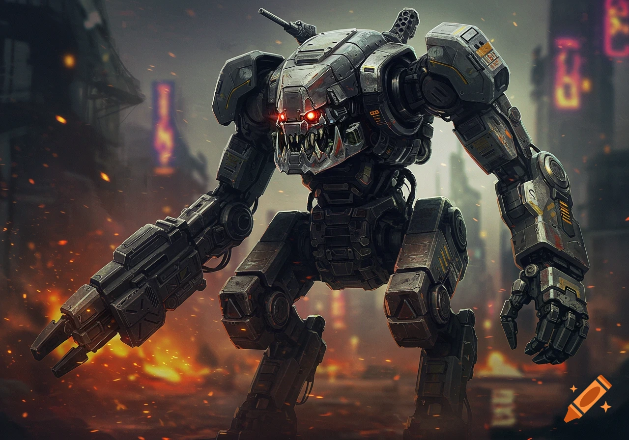 Large menacing robot with glowing red eyes and sharp teeth stands in a ...