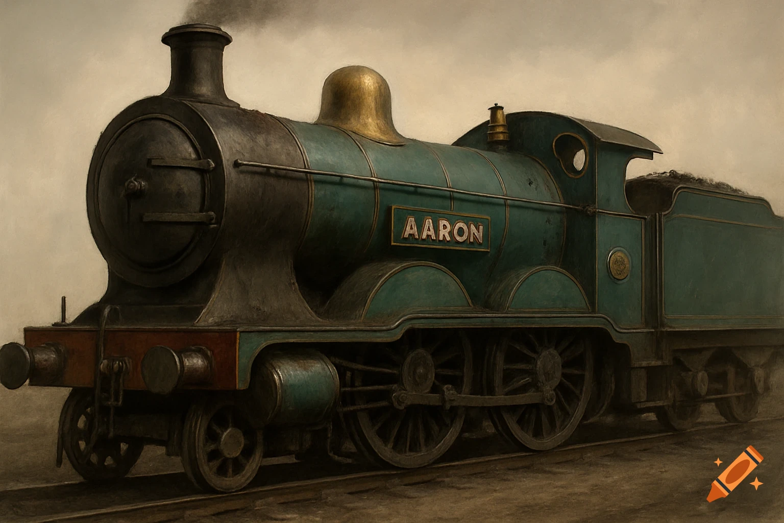 Teal steam locomotive named Aaron with a tender car on tracks. on Craiyon