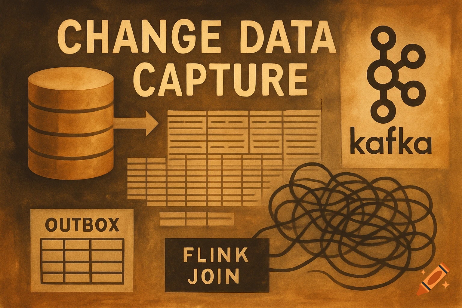 Diagram illustrating Change Data Capture, Kafka, Outbox, and Flink Join. on Craiyon