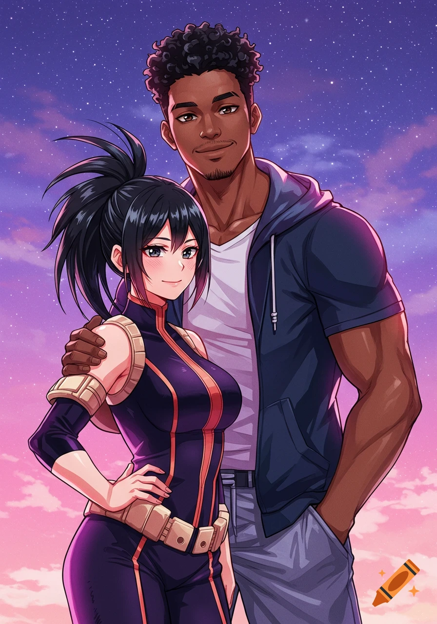Anime couple standing arm in arm under a starry sky. on Craiyon