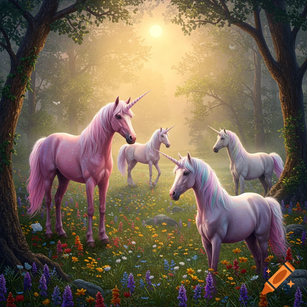 Several pink and white unicorns stand in a sunlit forest meadow filled with colorful flowers. on ...