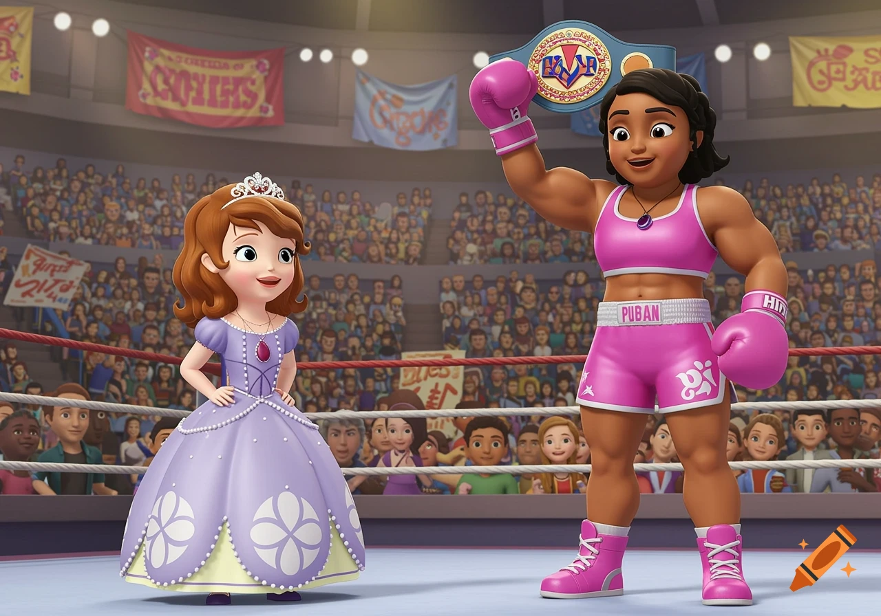 Cartoon Sofia the First meets a muscular female boxing champion holding ...