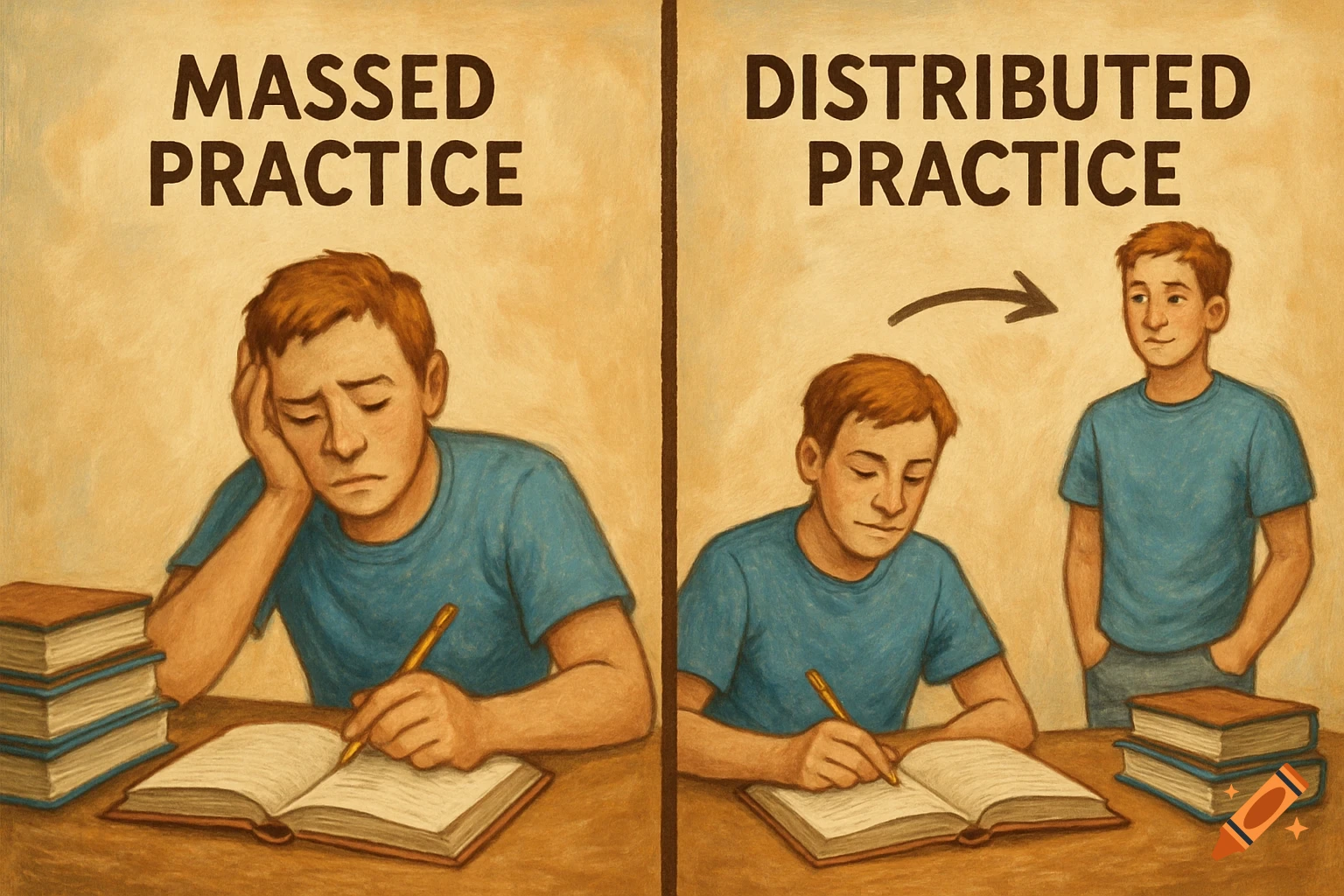 Illustration comparing massed vs. distributed study practice with ...