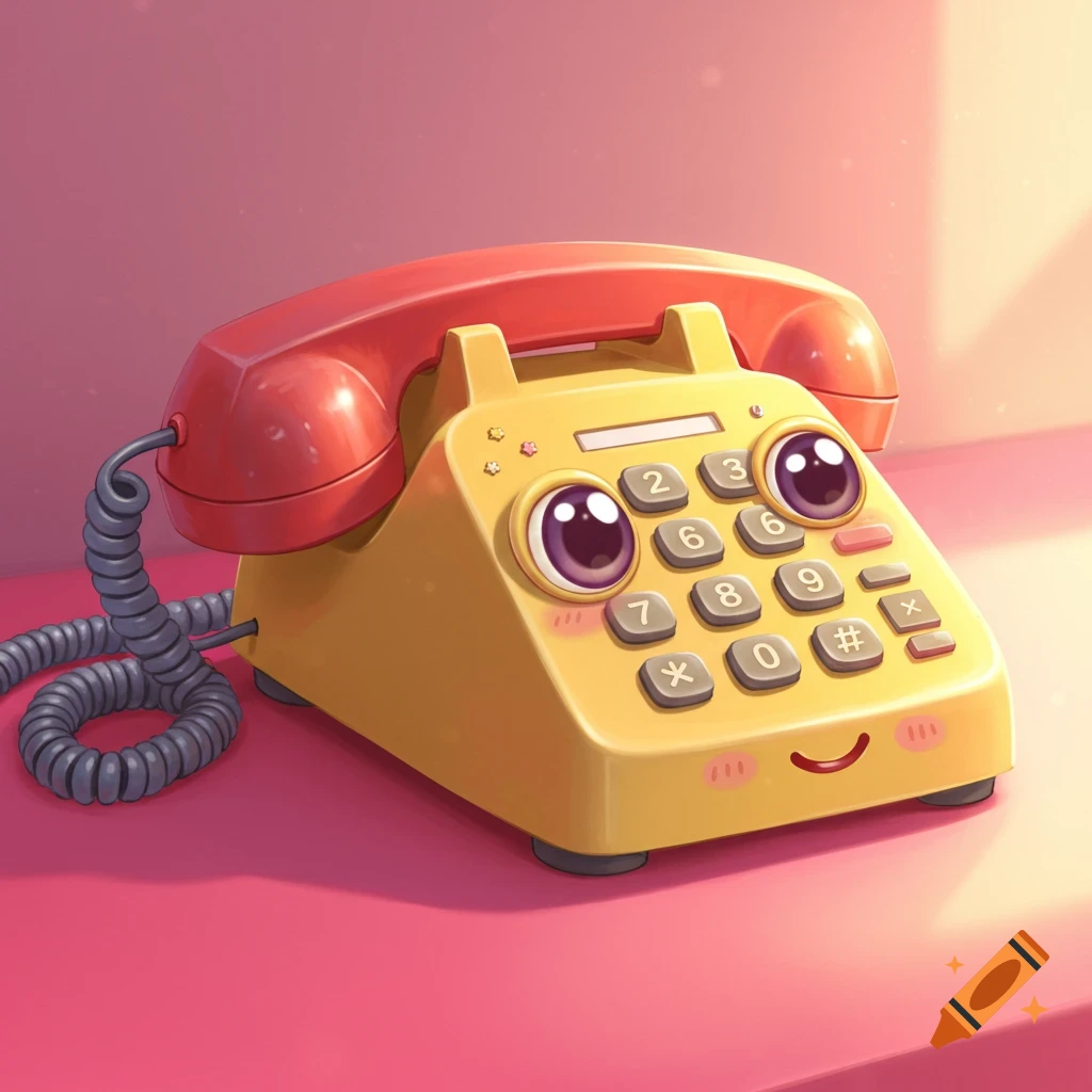 Cute cartoon yellow and red desk phone with a smiling face, sitting on ...