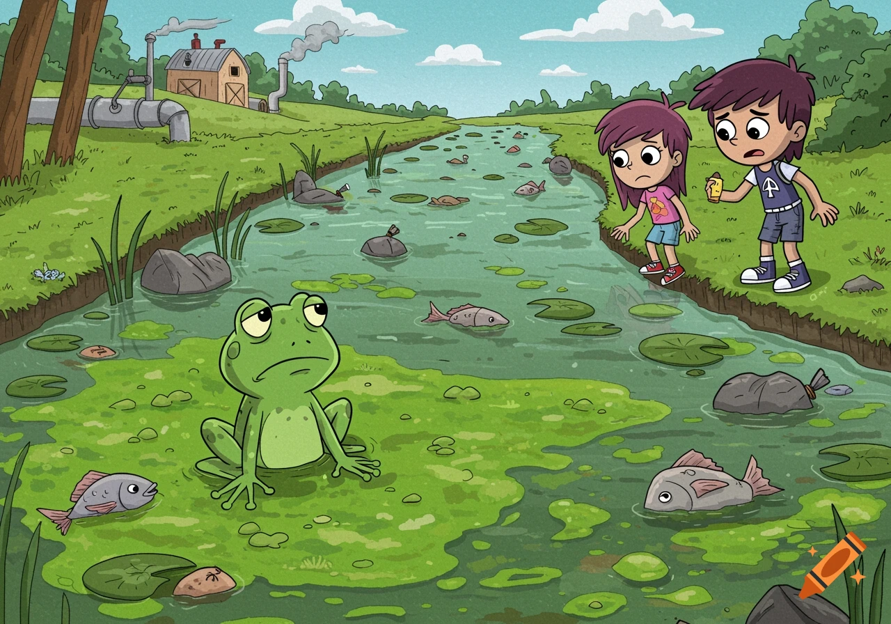 Cartoon of a polluted river with dead fish, a sad frog, and two ...