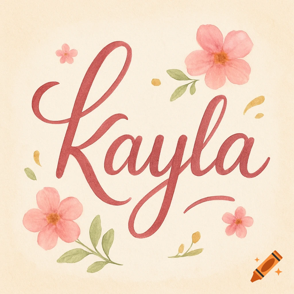 Watercolor script text spelling Kayla surrounded by pink flowers and ...