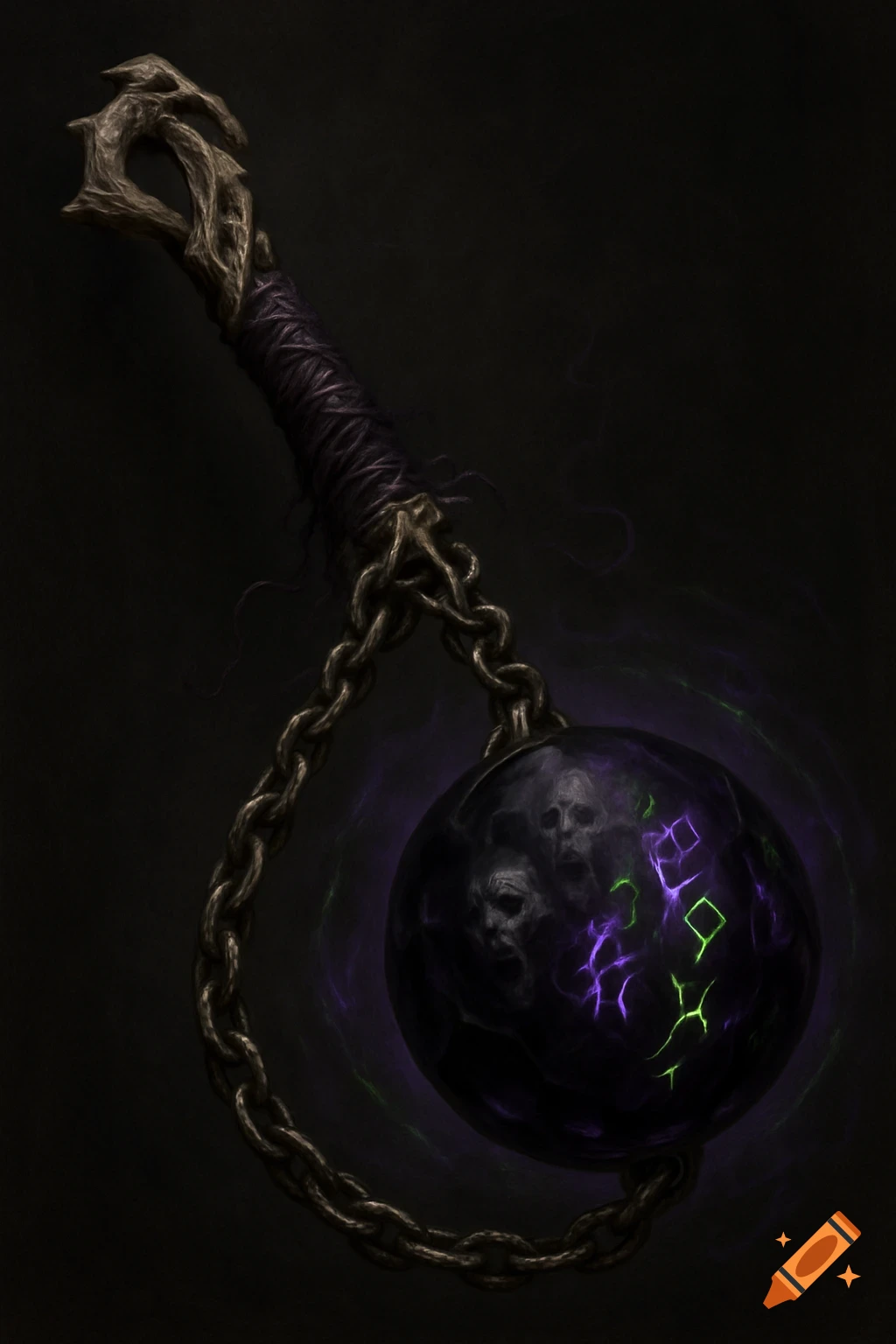 Dark fantasy mace with a bone handle, chained orb showing ghostly faces ...