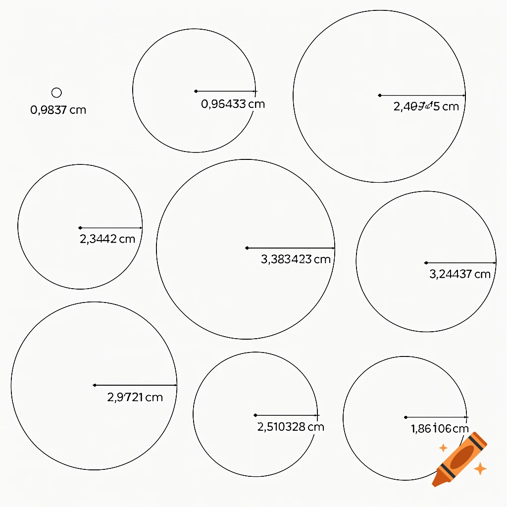 Diagram showing multiple circles with measured radii on Craiyon