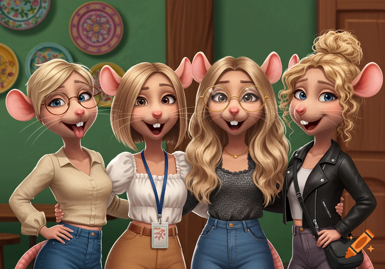 Four cartoon female rats with blonde hair posing together in a room ...