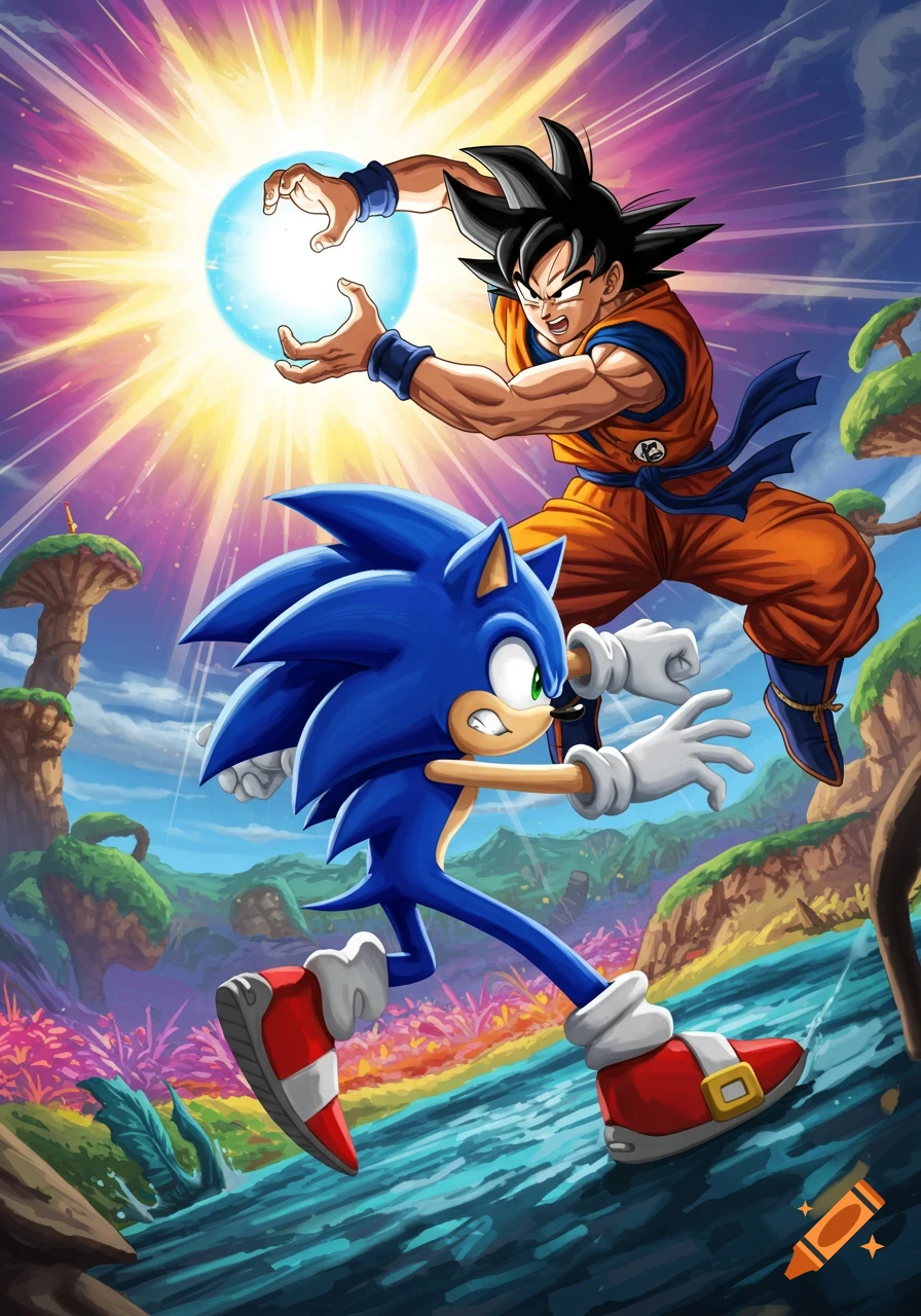 Goku powers up a blast with Sonic running forward in a stylized ...