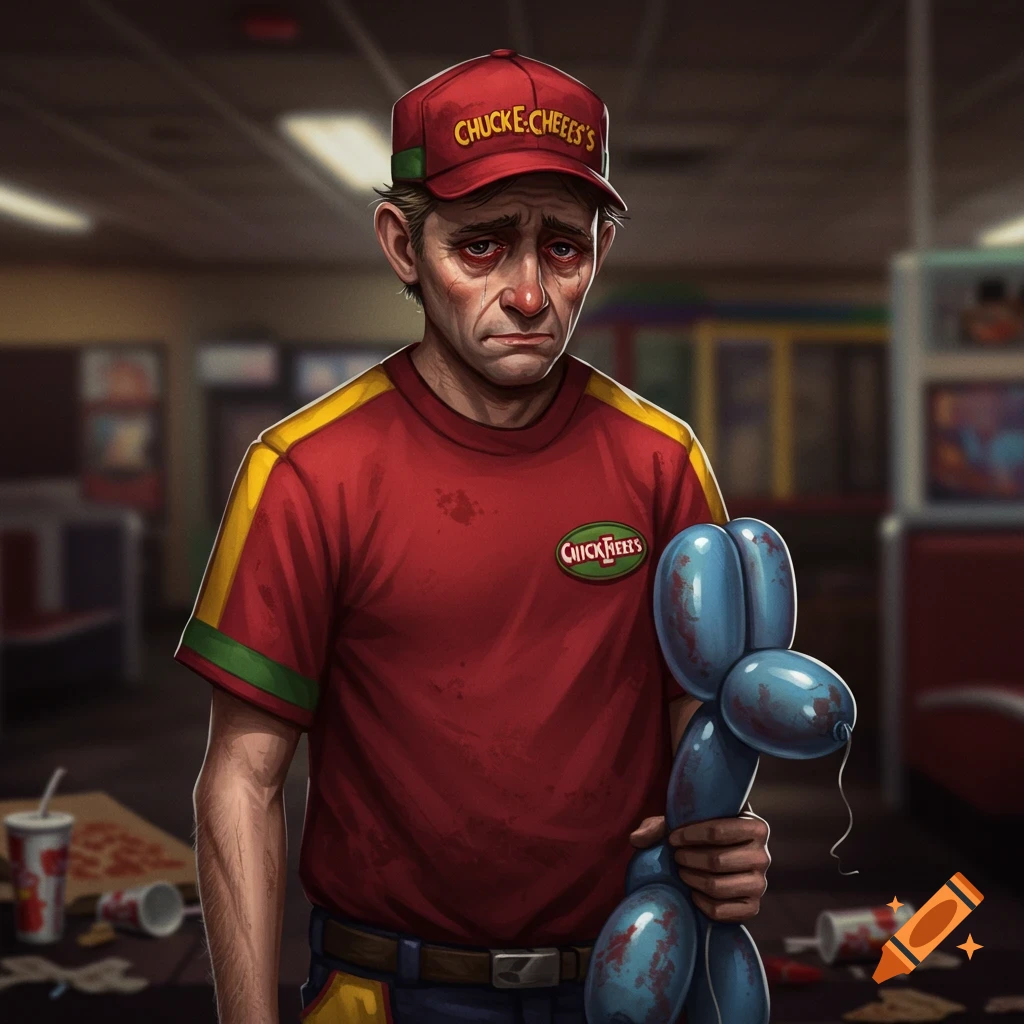 A sad Chuck E. Cheese employee holding a deflated blue balloon animal ...