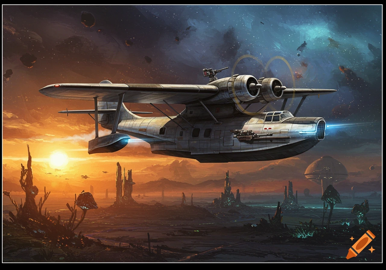 Sci-fi digital painting of a large flying boat aircraft over an alien ...