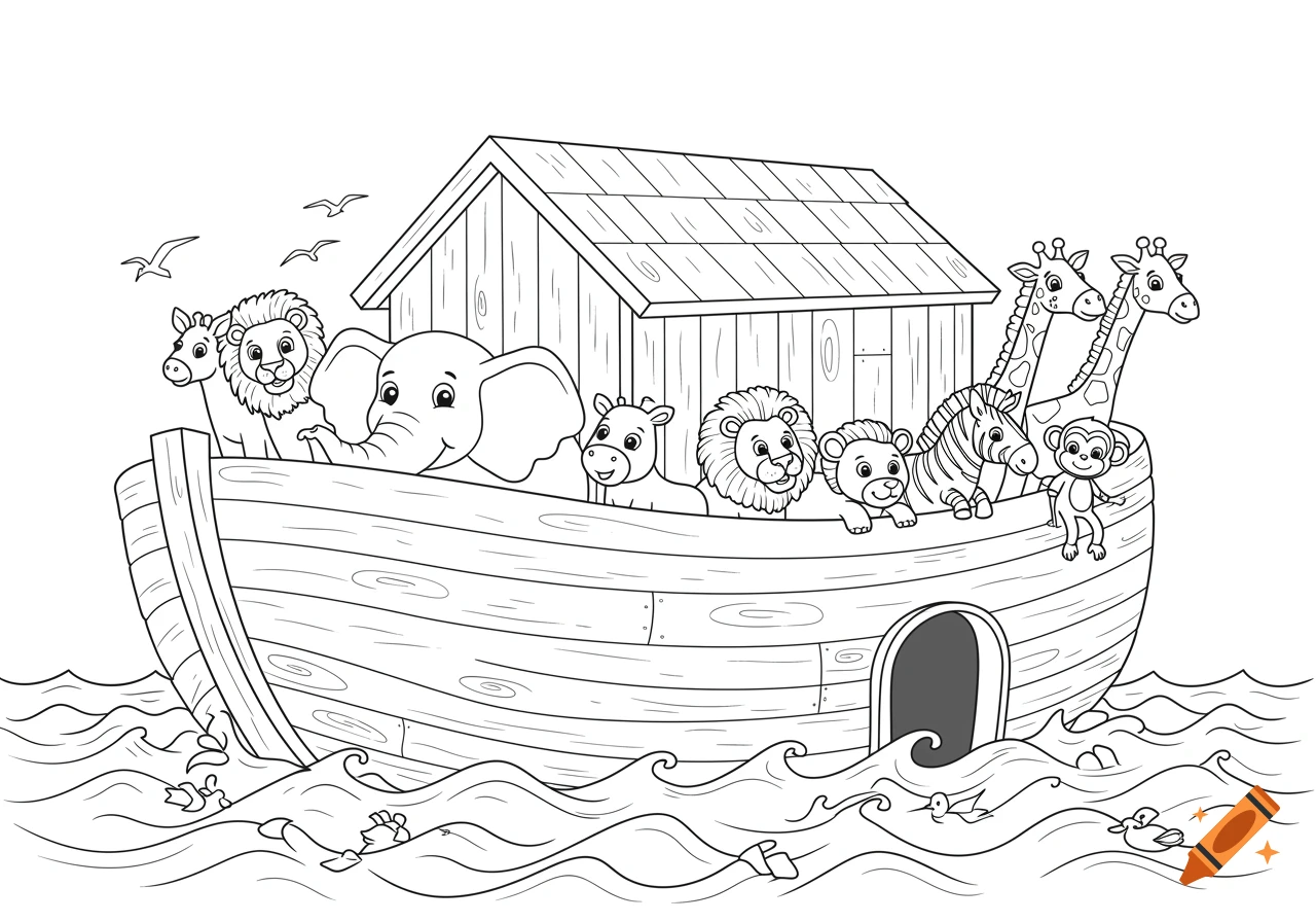 Cartoon animals on a wooden ark floating on water with seagulls, line ...