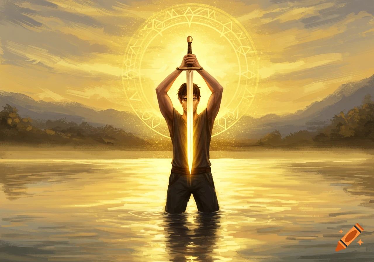 Person in water holding a glowing sword aloft against a golden sunset ...