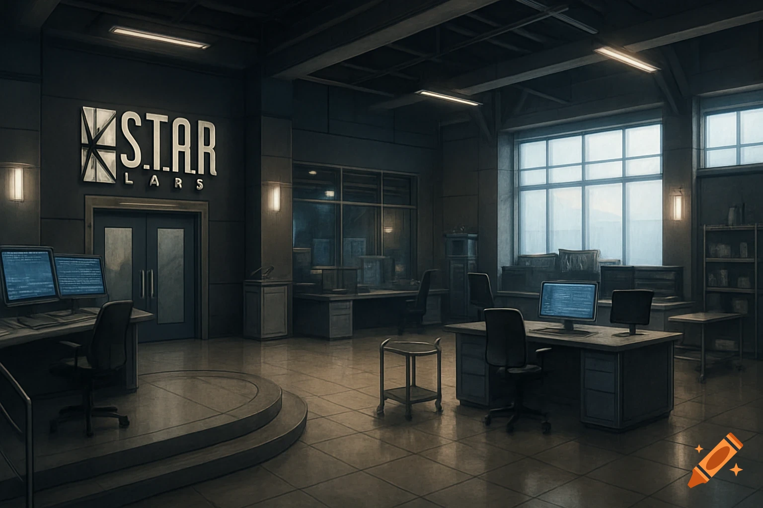 Interior view of a dark lab or office with desks, computers, and a sign that reads 'STAR LARS ...
