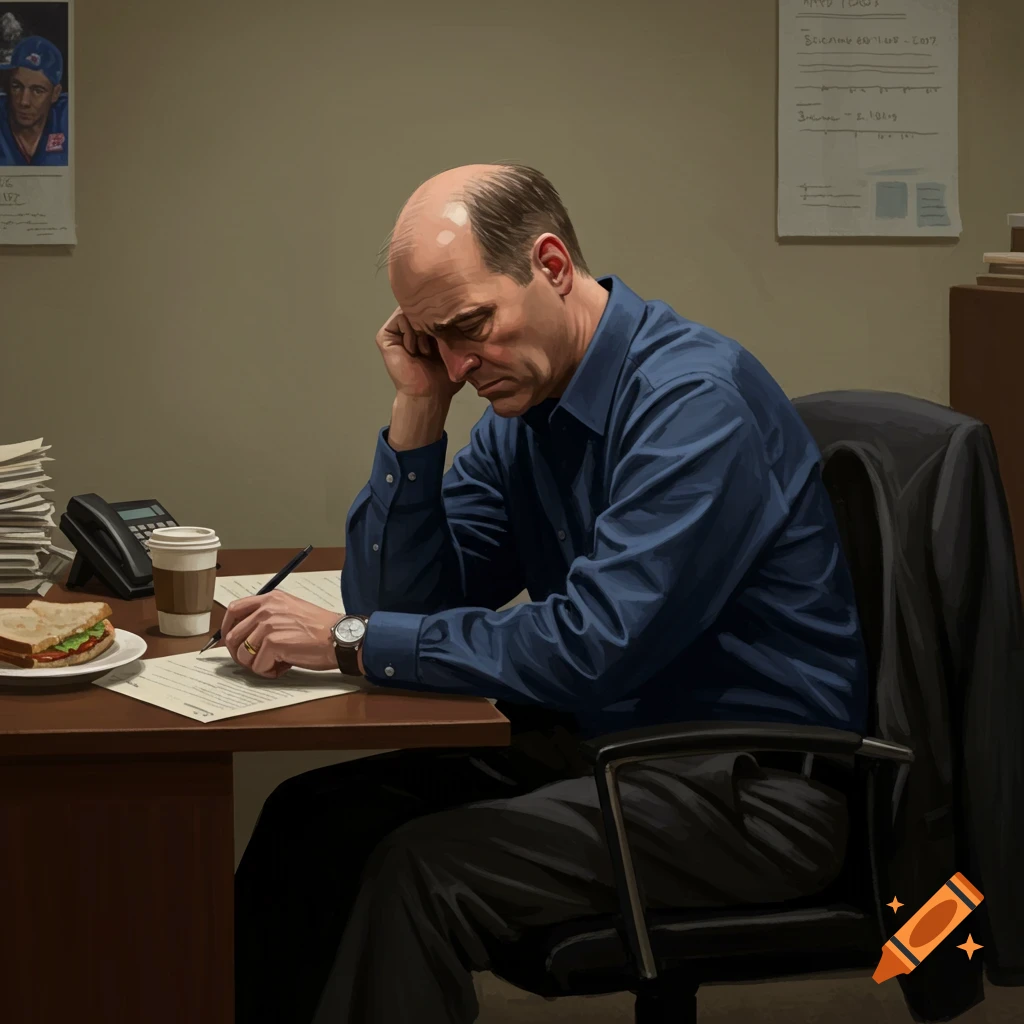 A man sits at an office desk, looking stressed while writing. on Craiyon