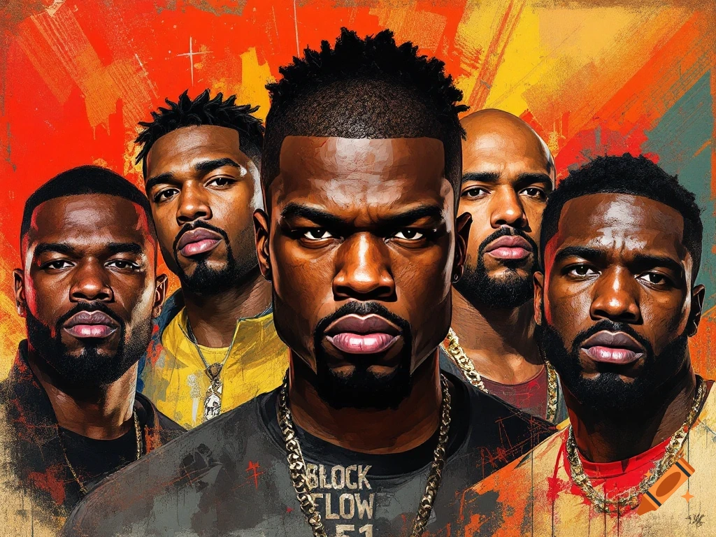 A group of five men, possibly rappers, in an intense, painterly ...