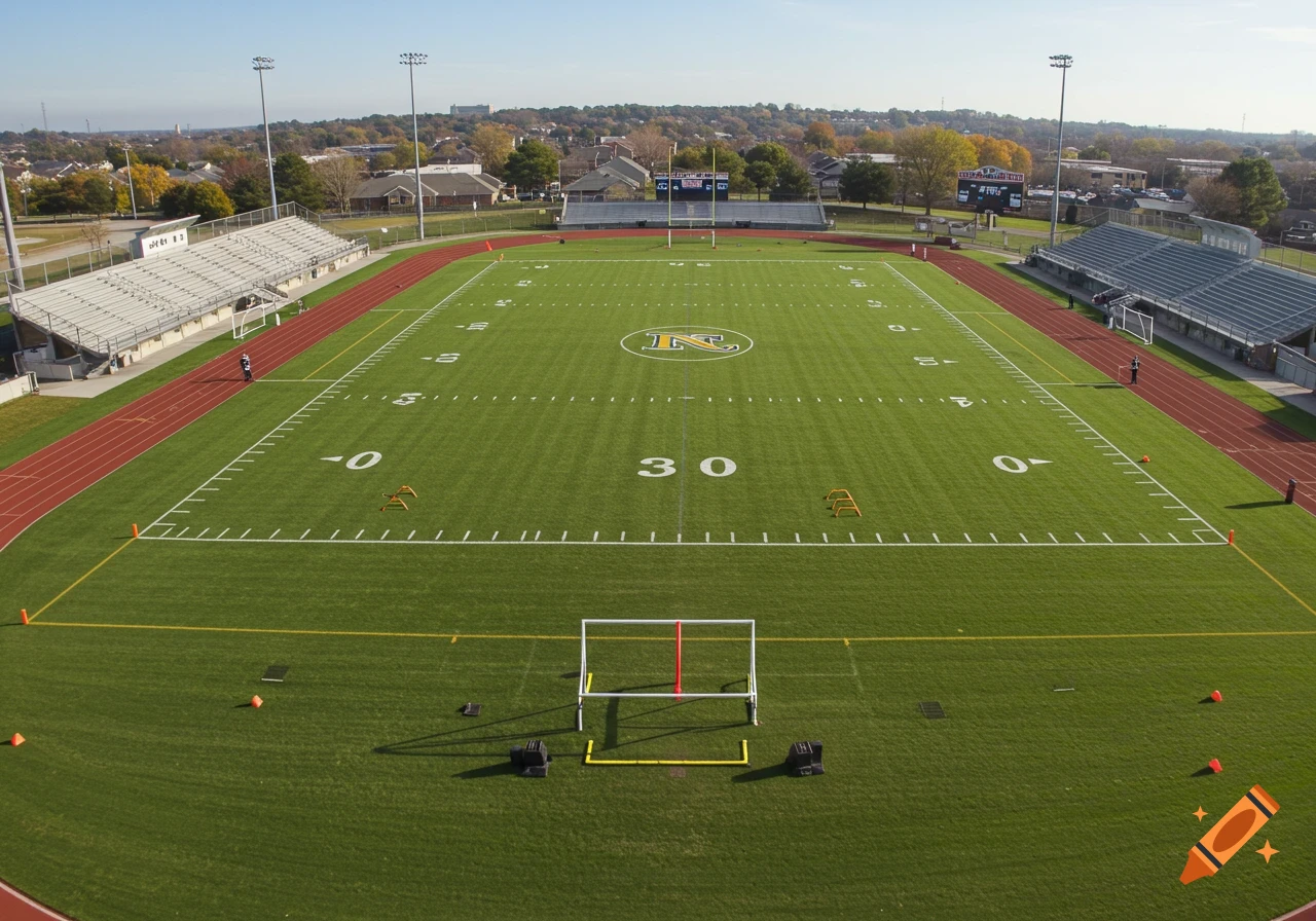 An aerial view of a football field with yard lines, numbers, goalposts ...