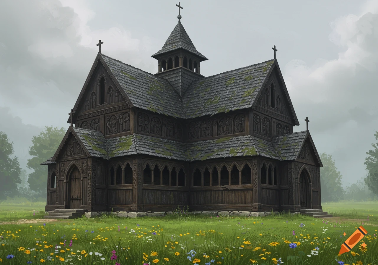 Wooden church building with detailed carvings stands in a field of ...
