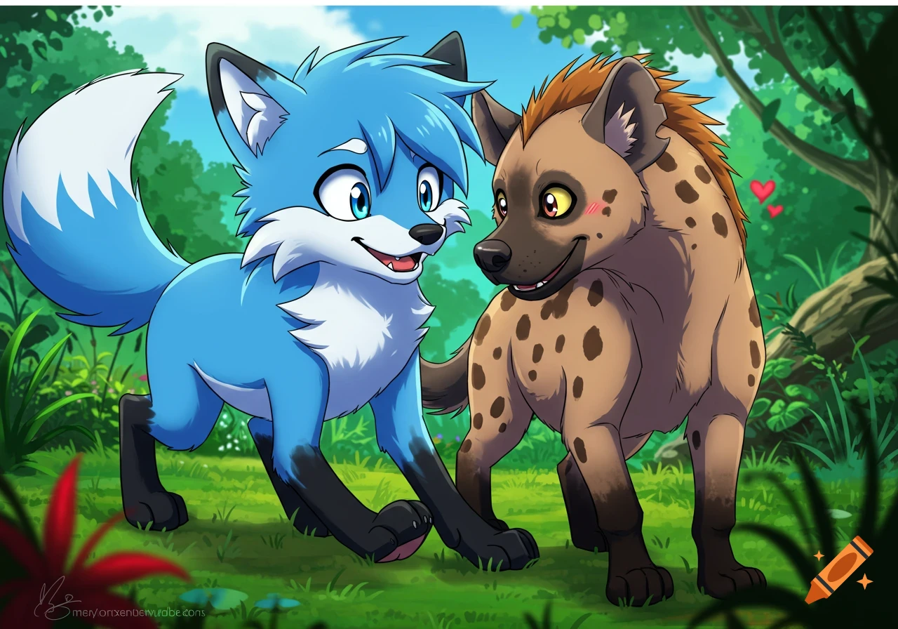 Anime style illustration of a blue fox and a hyena standing together in ...