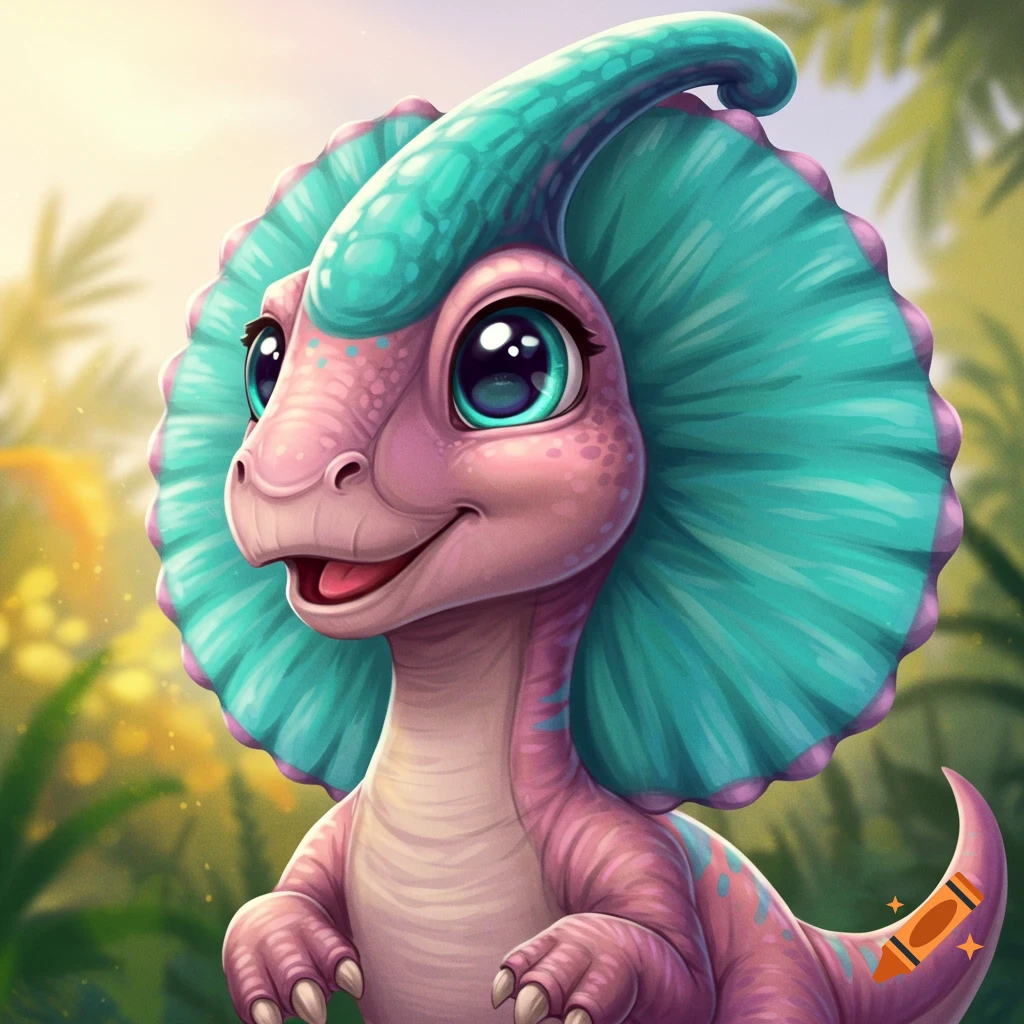 A cute pink and blue cartoon dinosaur with large eyes stands in a ...