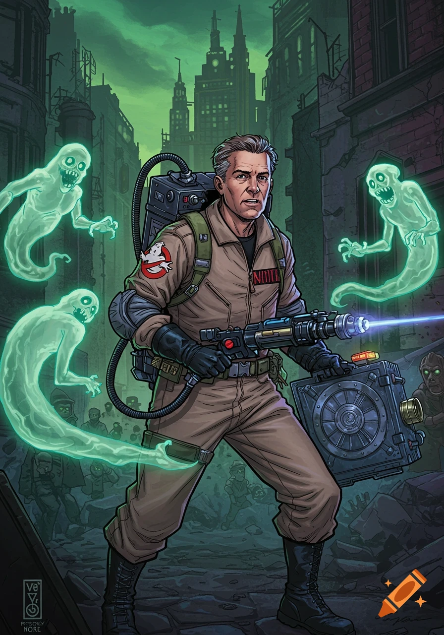 A Ghostbuster in a city street fighting ghosts, comic art style. on Craiyon