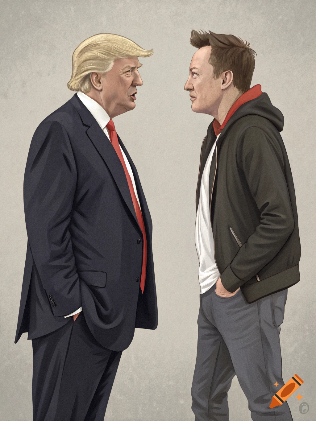 Illustration of Donald Trump and Elon Musk facing off. on Craiyon