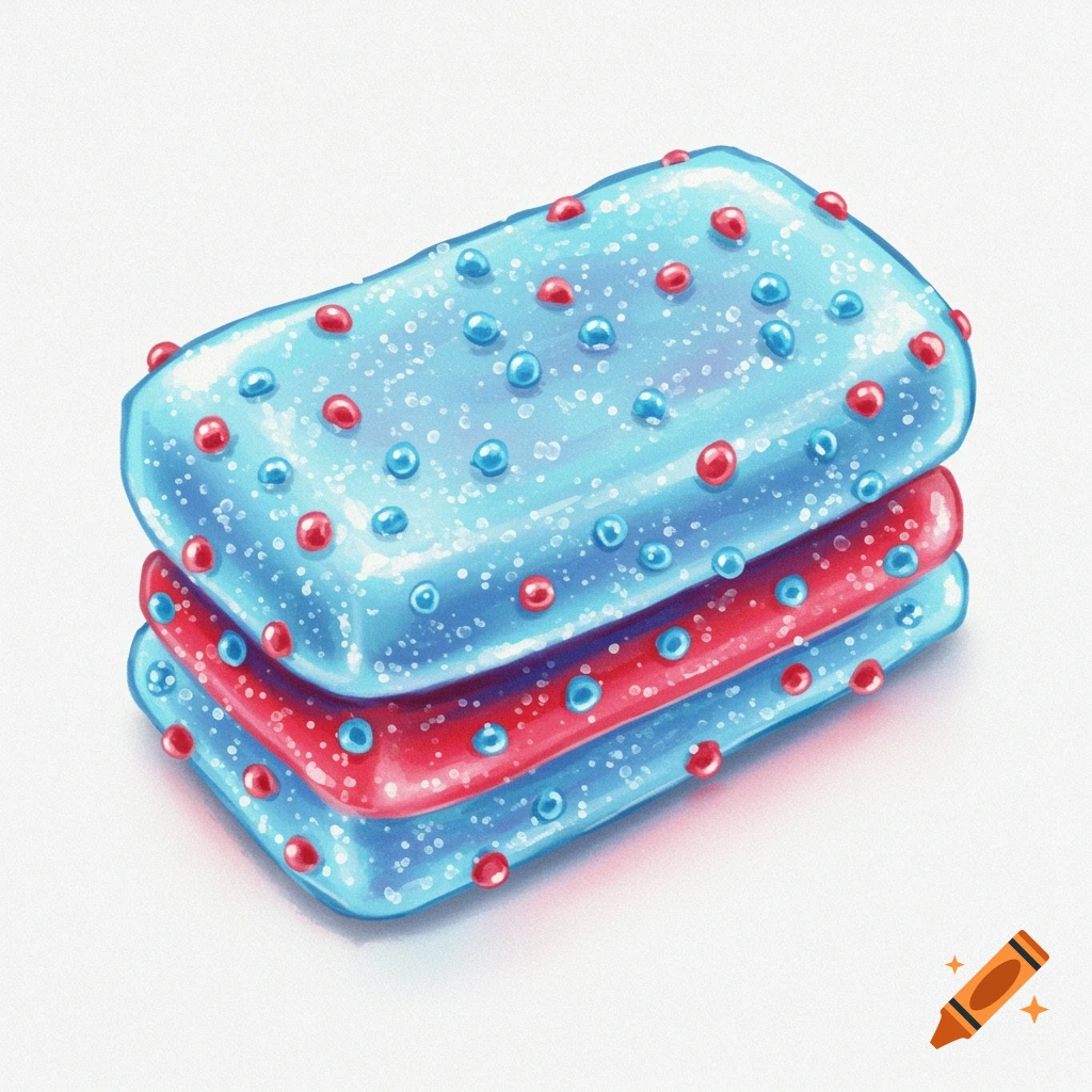 A stack of blue and red rectangular candy covered in red and blue dots ...