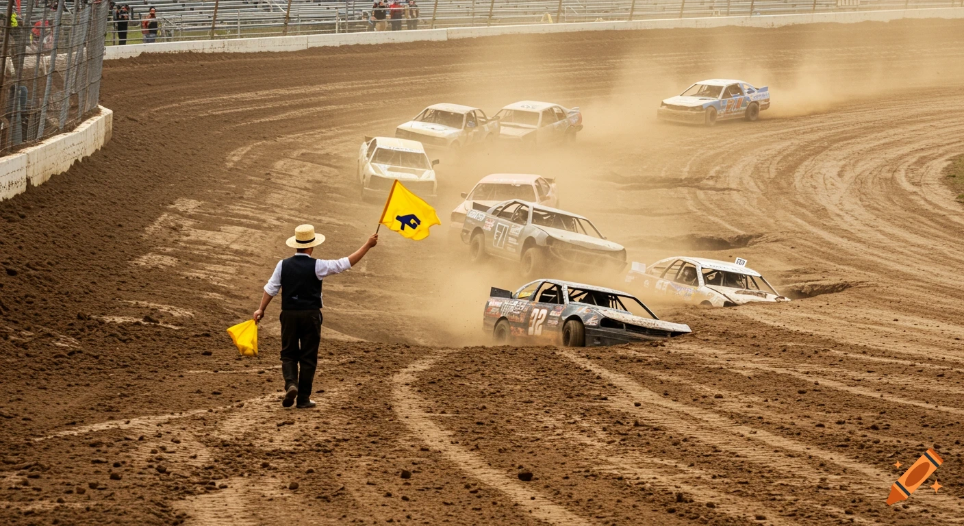 A flagman waves a yellow flag at a dirt track race with multiple stock ...