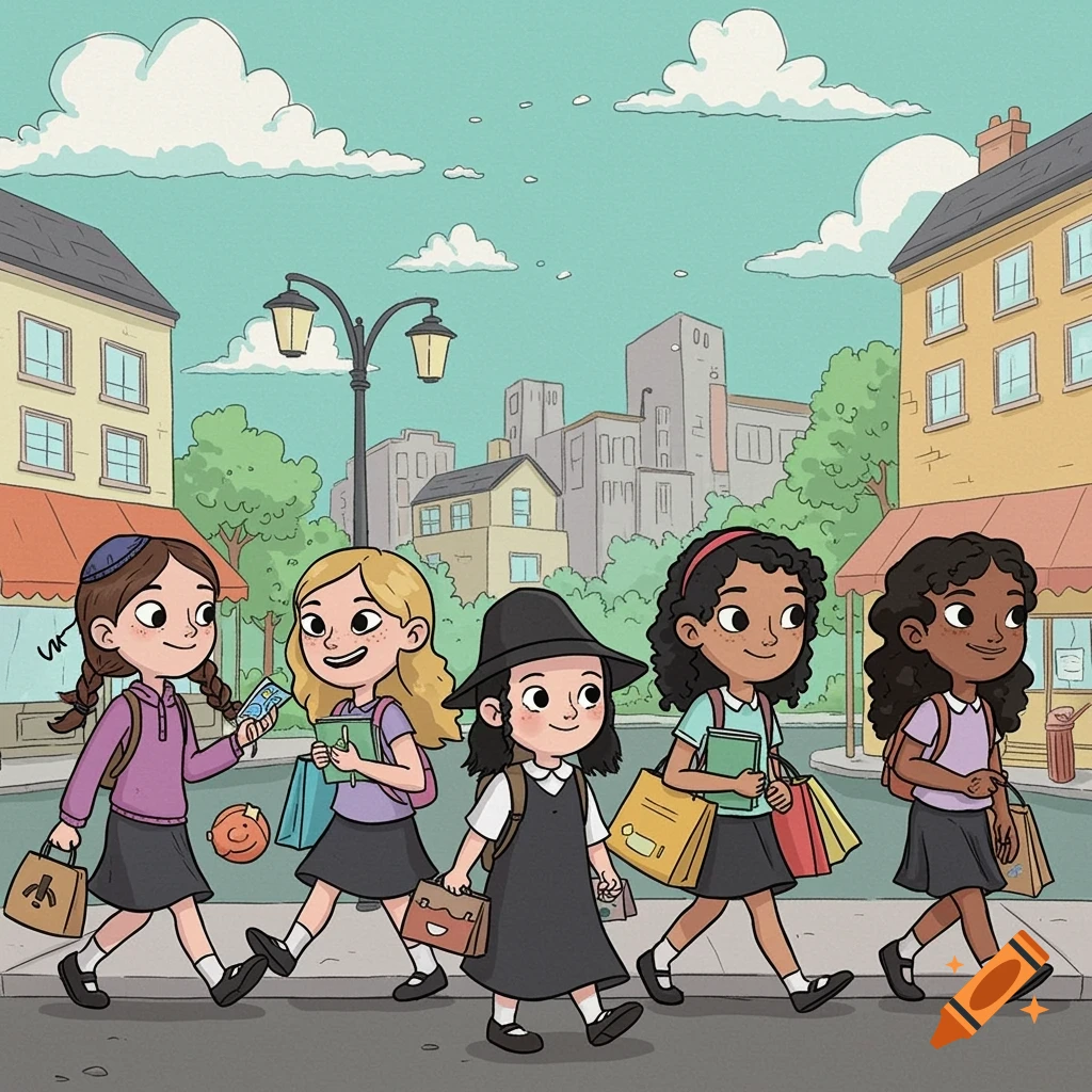 Cartoon illustration of five girls walking on a street carrying bags. on Craiyon