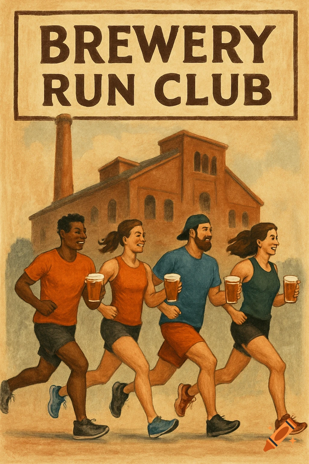 Illustration of four runners holding beer in front of a brewery ...