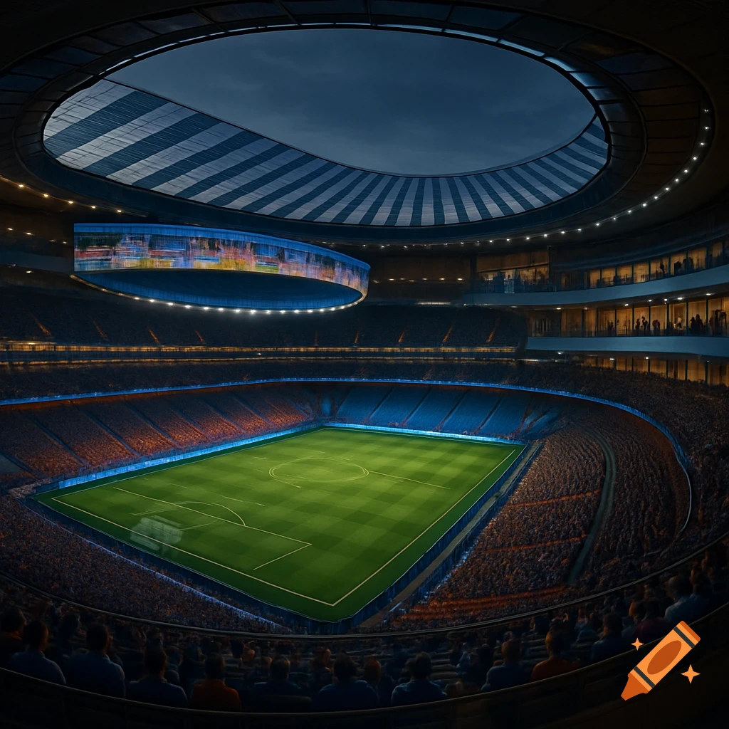 View inside a large modern stadium with a soccer field, packed seating ...