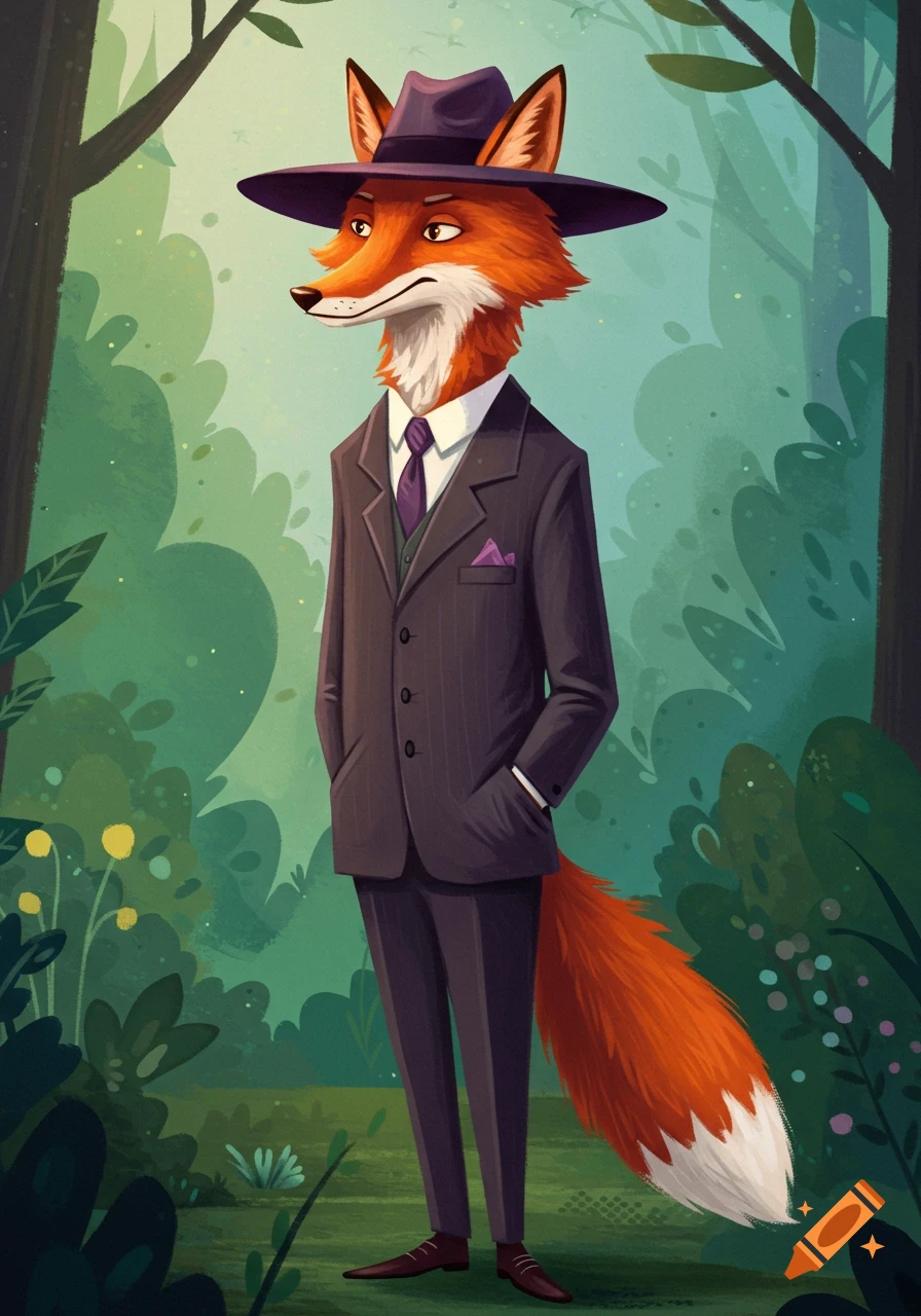 A cartoon-style illustration of a fox in a suit and purple hat standing ...