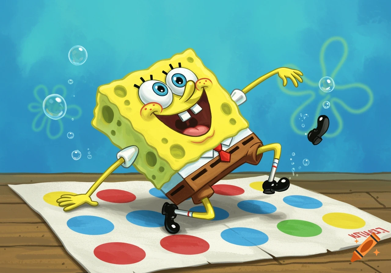 Spongebob Squarepants stretches on a Twister mat, looking happy. on Craiyon