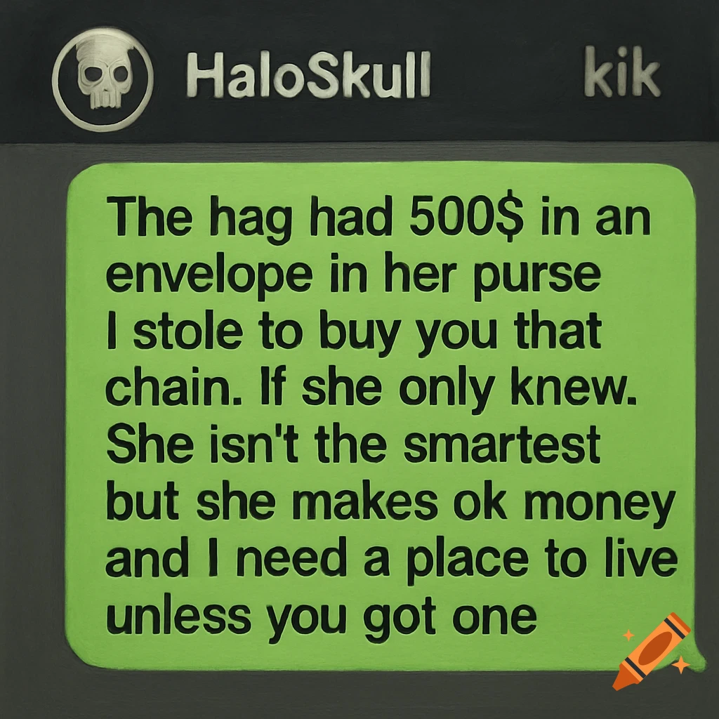A green chat bubble with text from HaloSkull on Kik. on Craiyon