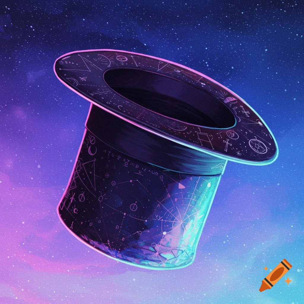 A top hat covered in astrological symbols floats in a cosmic space ...