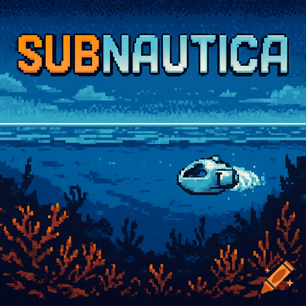 Pixel art cover art for SUBNAUTICA, showing an underwater scene with a ...