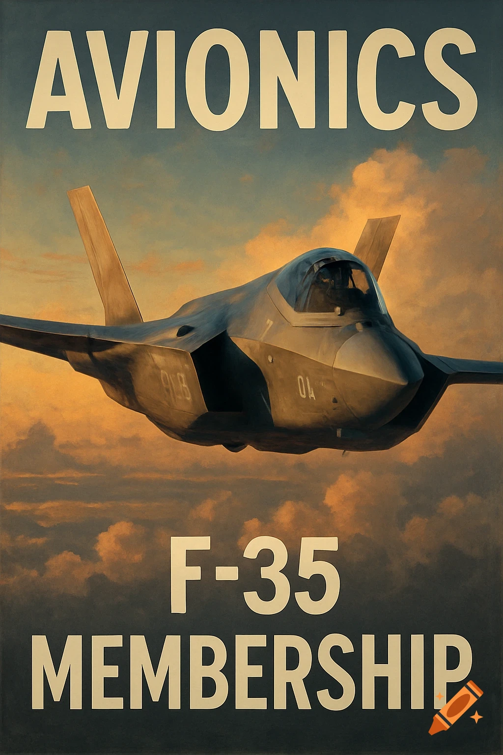 Retro poster featuring an F-35 fighter jet in clouds with text Avionics ...