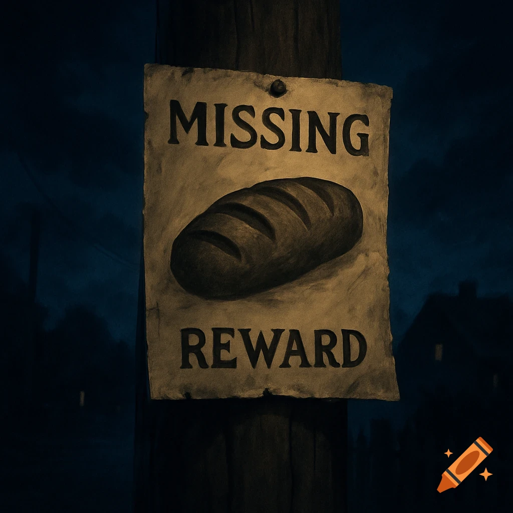 Missing reward poster for a loaf of bread on a wooden pole at night. on Craiyon