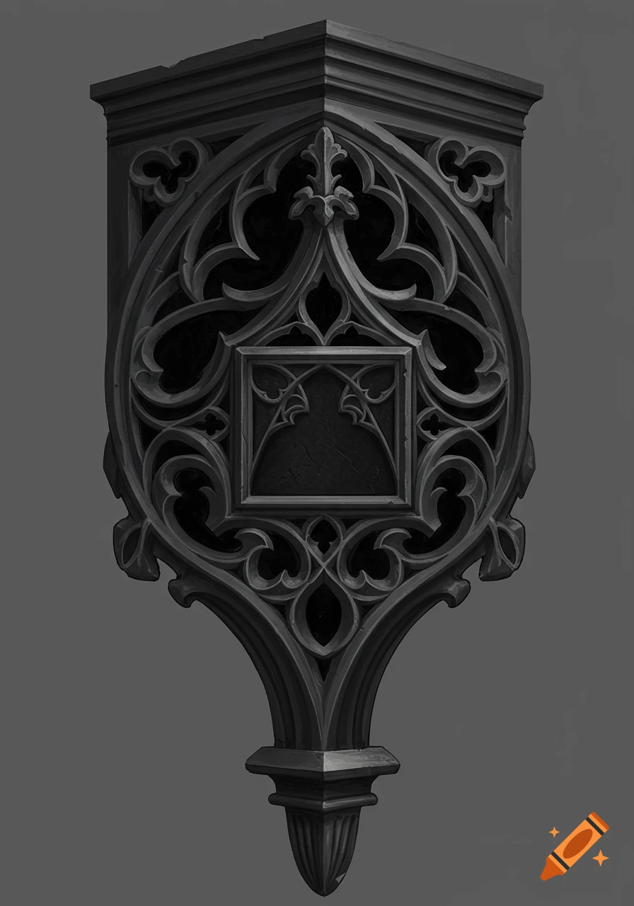 Greyscale rendering of an ornate gothic architectural bracket with ...