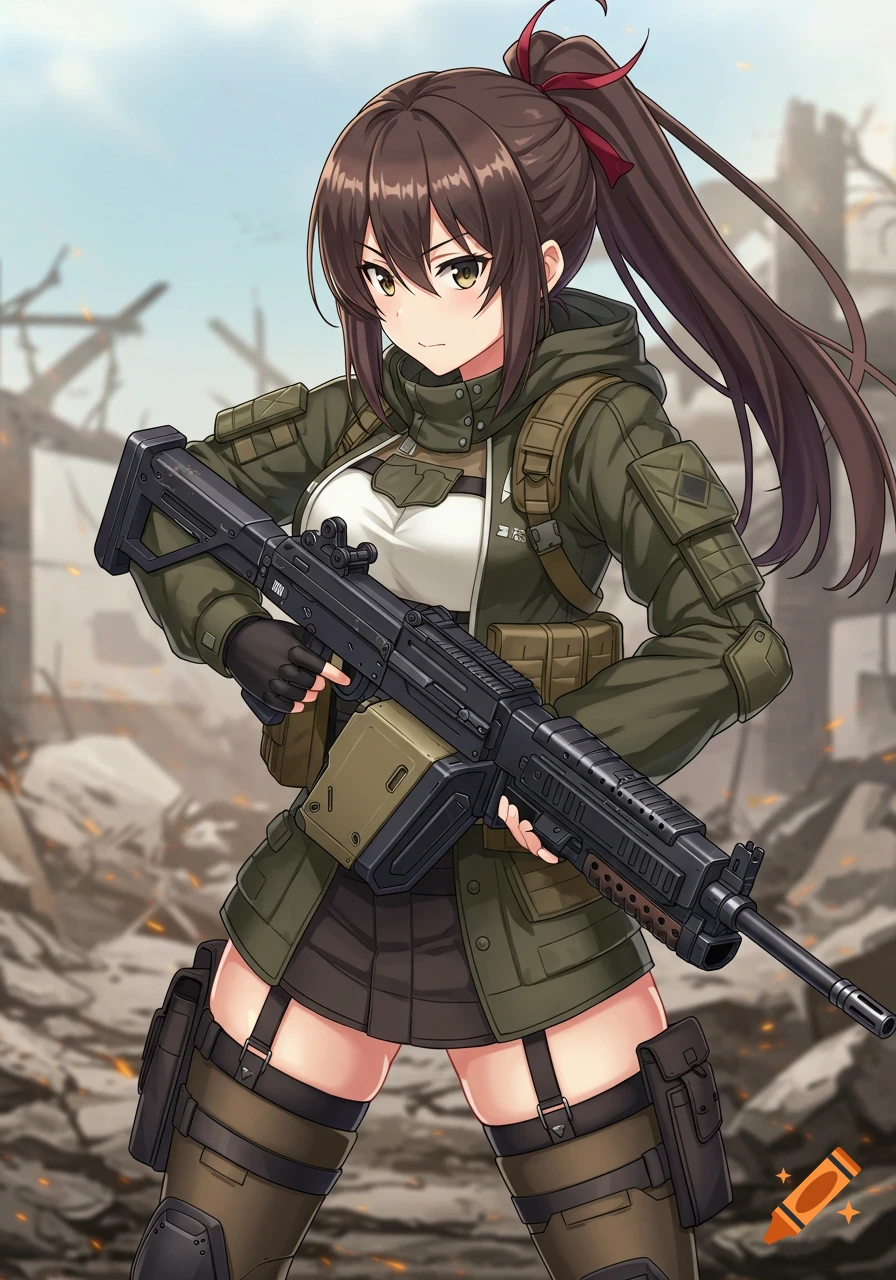 Anime girl in military gear holding a large machine gun in a destroyed ...