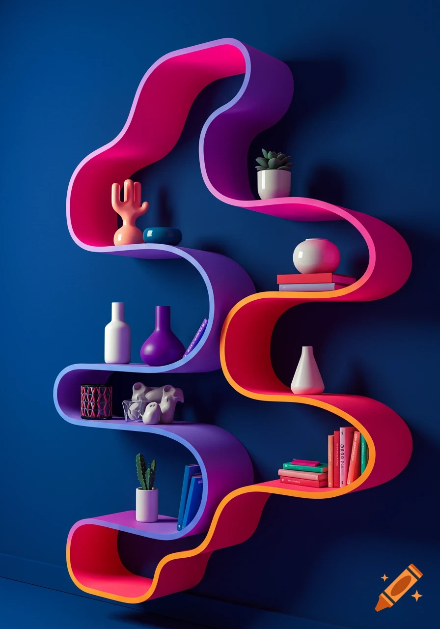 Colorful wavy shelf on a blue wall with various decorative objects and ...