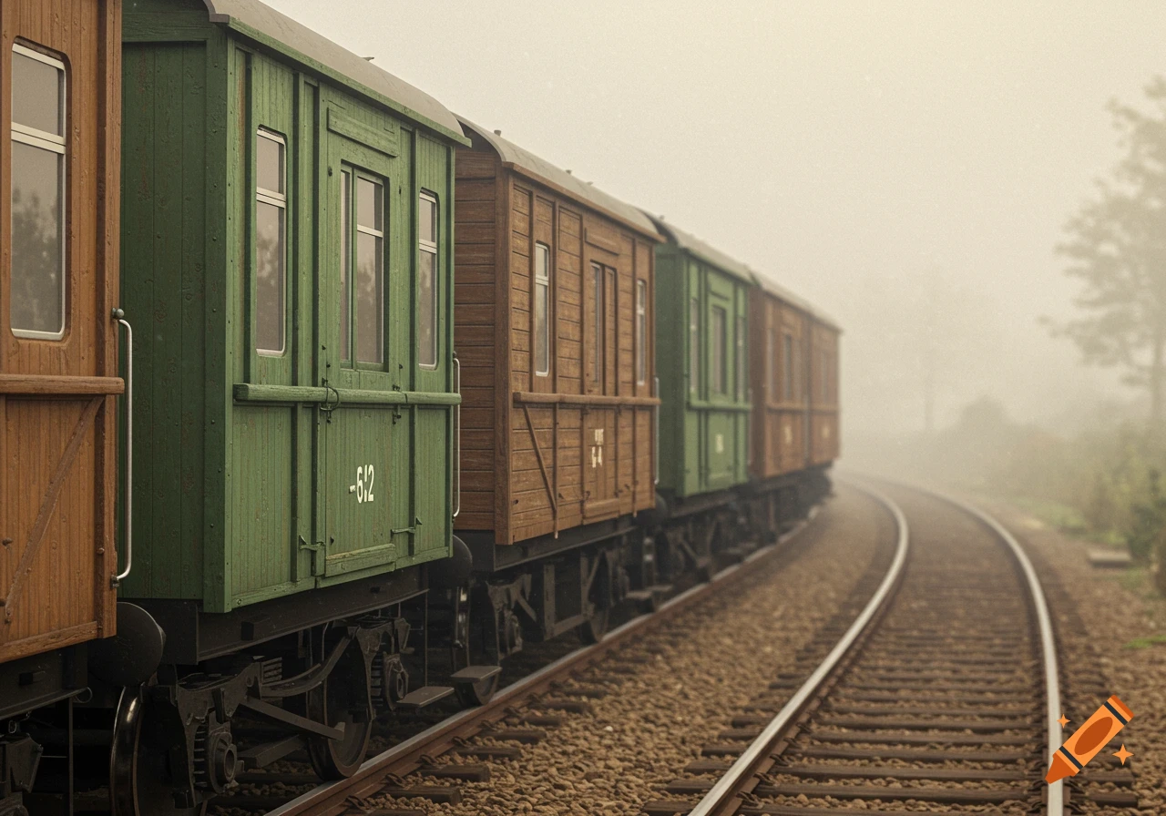 Side view of a green and brown train on tracks in fog. on Craiyon