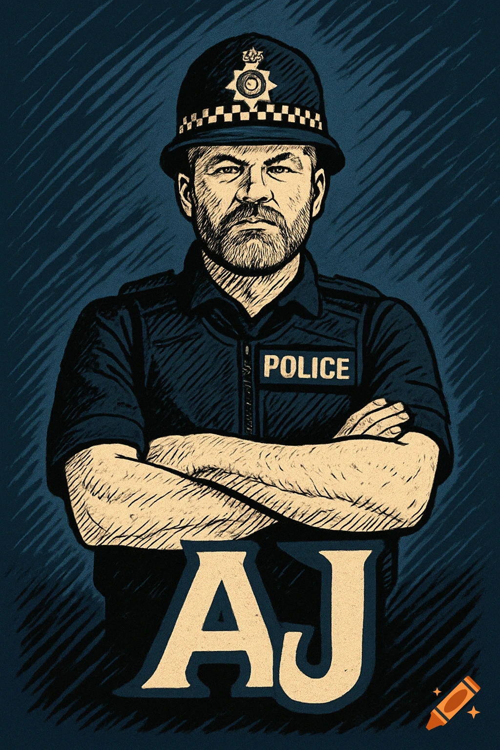 Hand-drawn illustration of a police officer with a beard, crossed arms ...