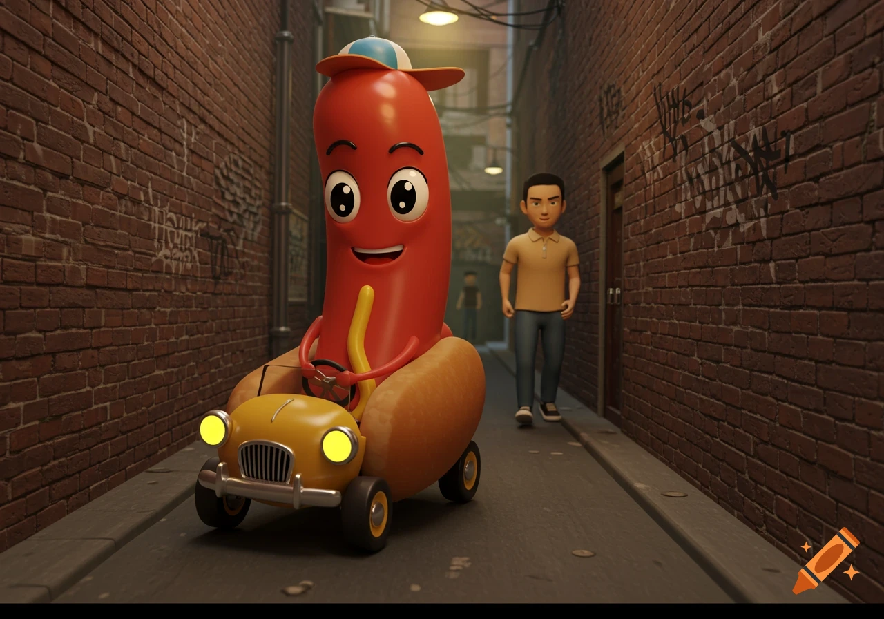 Cartoon hotdog in a small car drives past a person walking in a brick alleyway. on Craiyon