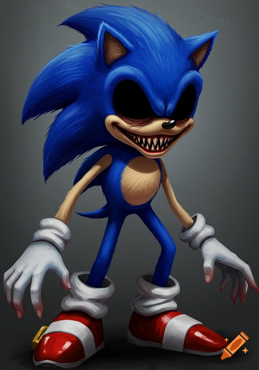 A digital painting of an uncanny, creepy Sonic the Hedgehog with black ...